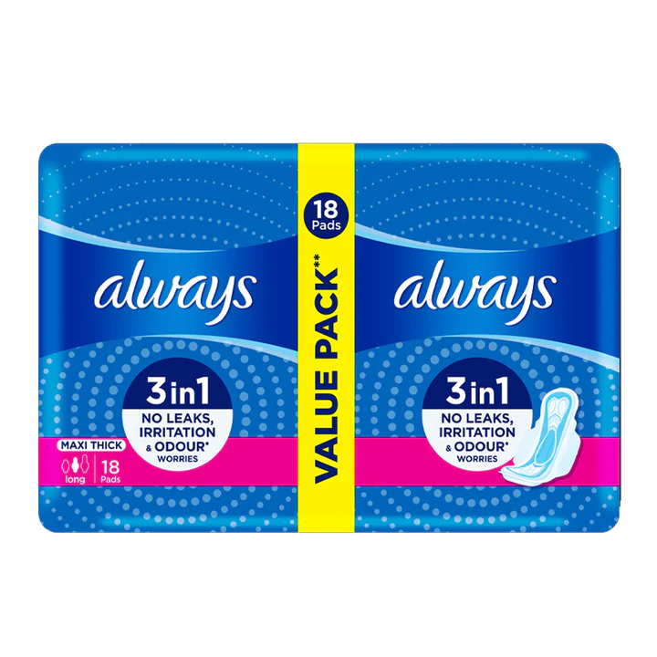 ALWAYS 3IN1 MAXI THICK LONG (18PADS) – Al Farooq Shopping Mall